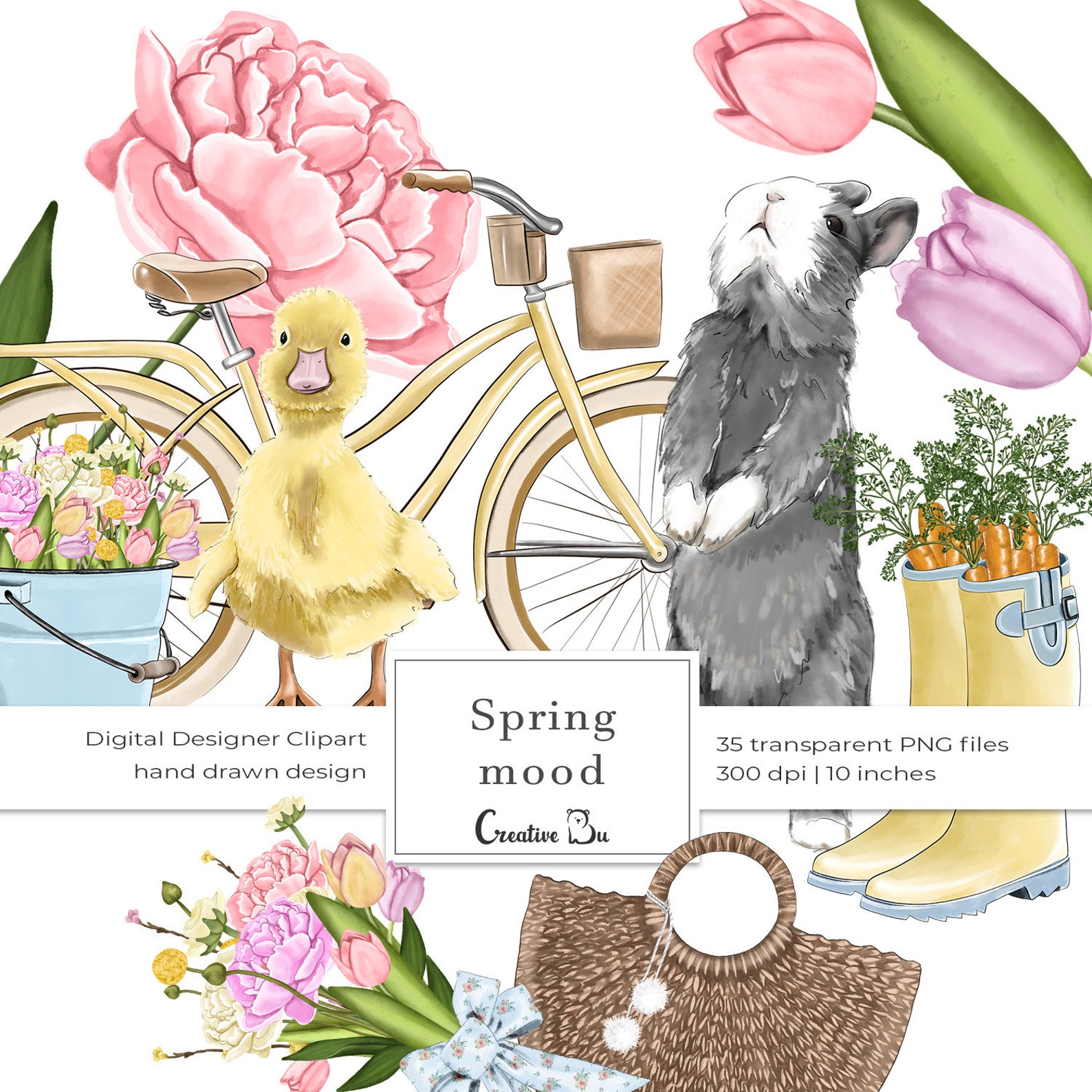 Spring Blossom Clipart Easter Cute Animals Images Surface | Etsy