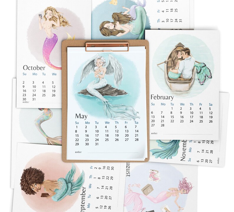 Mermaid Illustrations Printable Calendar 2023 Seasonal 12 - Etsy