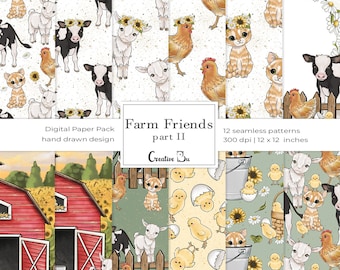 Farm Animals Digital Paper Farmyard Seamless Pattern Cute Pig | Etsy
