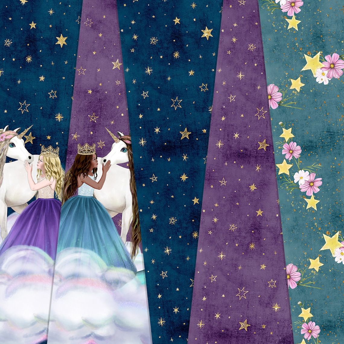 Unicorn and Princess Digital Paper Girl Illustration Stars - Etsy