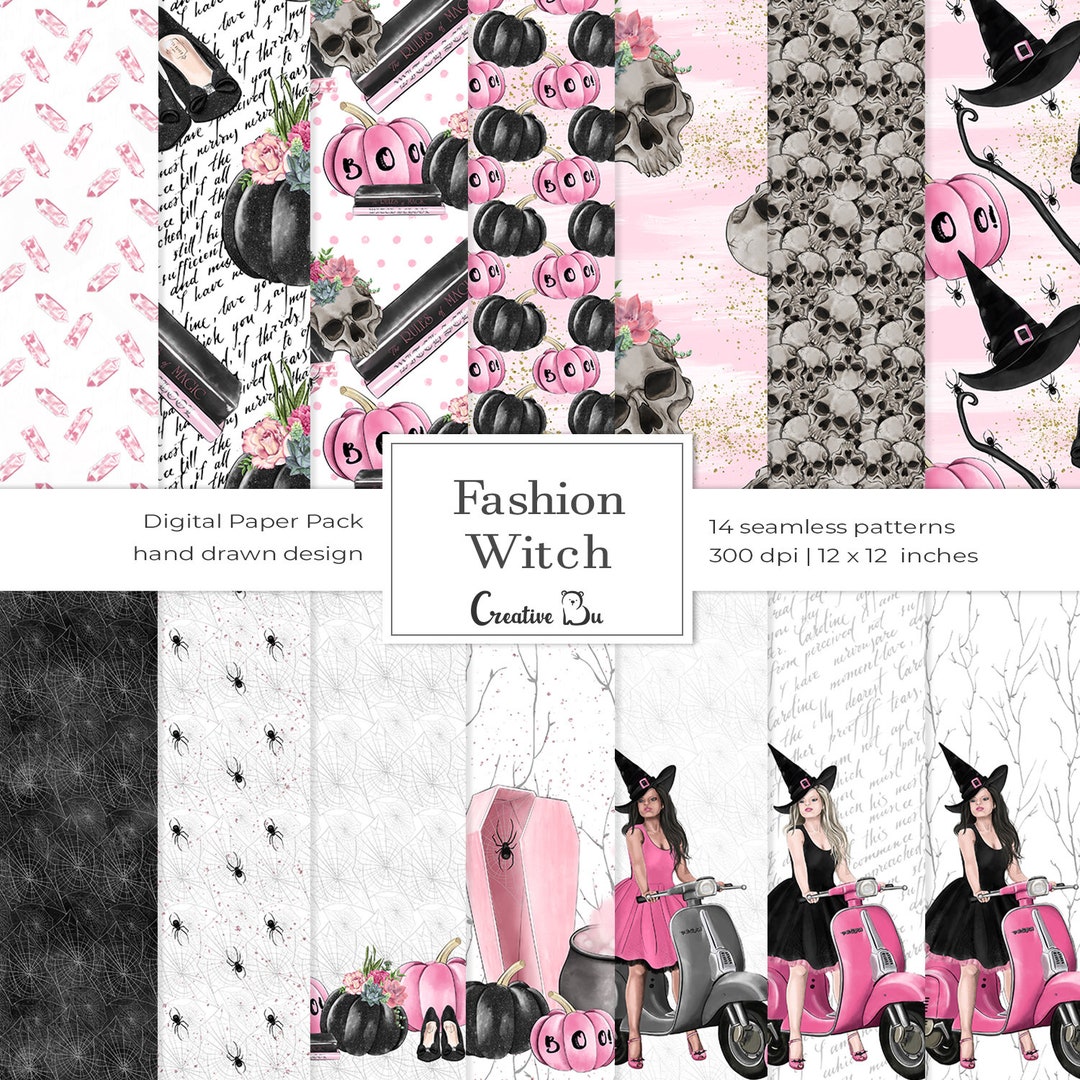 Halloween Paper Witch Seamless Pattern Fashion Girl Pumpkin Skull ...