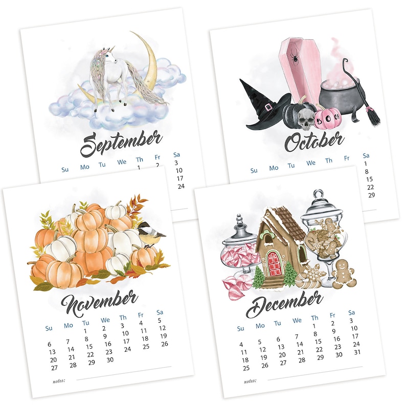 Watercolor Illustrations Printable Calendar 2023 Seasonal 12 - Etsy
