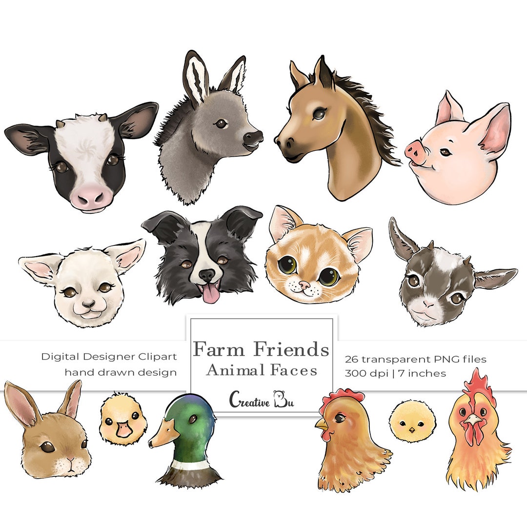 Farm Animal Faces Sticker Clipart Farmyard Animal PNG Breeds Heads ...