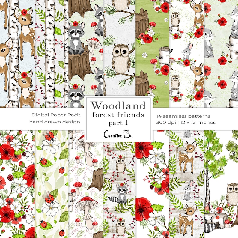 Woodland Animals Digital Paper Deer Woodland Scrapbook Paper | Etsy