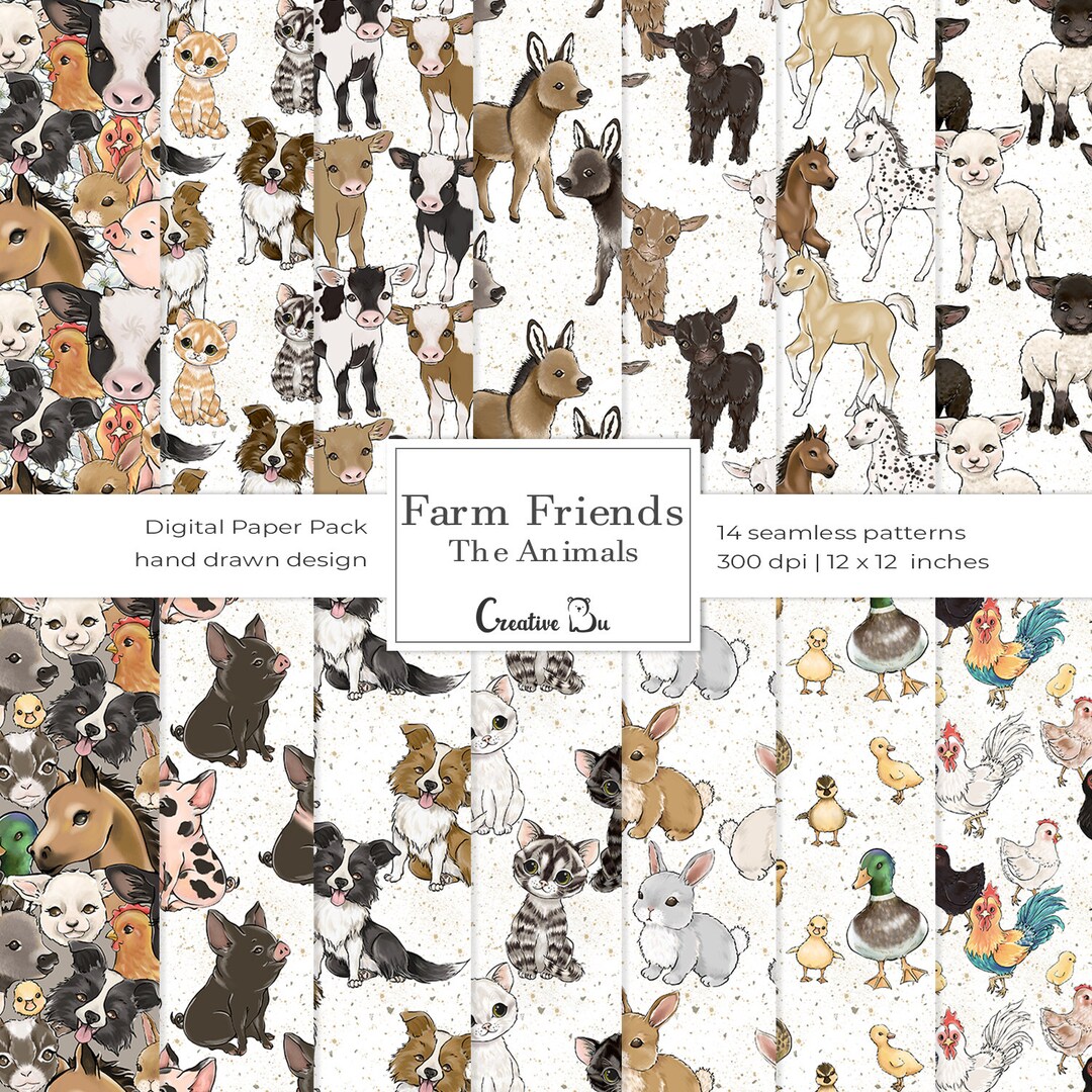 Farm Baby Animal Digital Paper Farmyard Animal Seamless Pattern Donkey ...