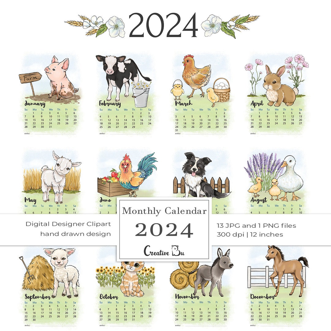 Cute Farm Animals Printable Calendar 2024 Kids Seasonal 12 Monthly ...