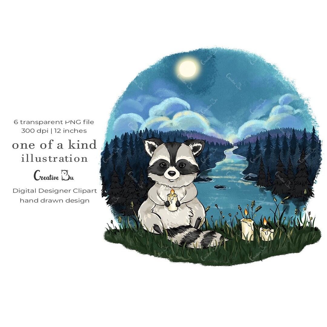 Raccoon Woodland Animals Clipart Nursery Illustration Mountain River ...
