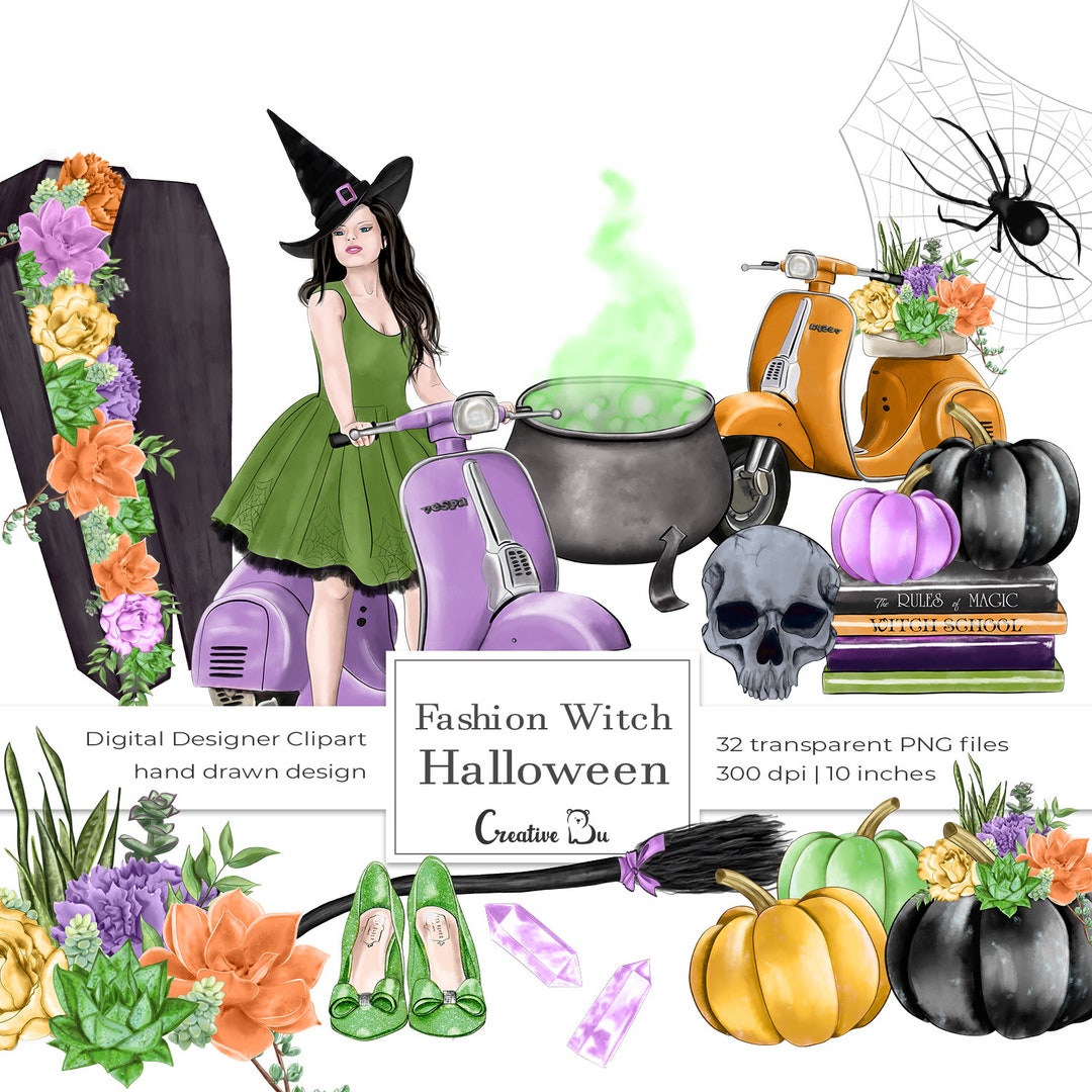 Halloween Color Clipart Fashion Witch Girl Pumpkin Coffin Clip Art ...