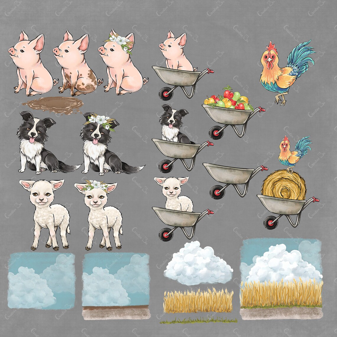 Farm Baby Animals Clipart Wheat Field Background Illustration - Etsy