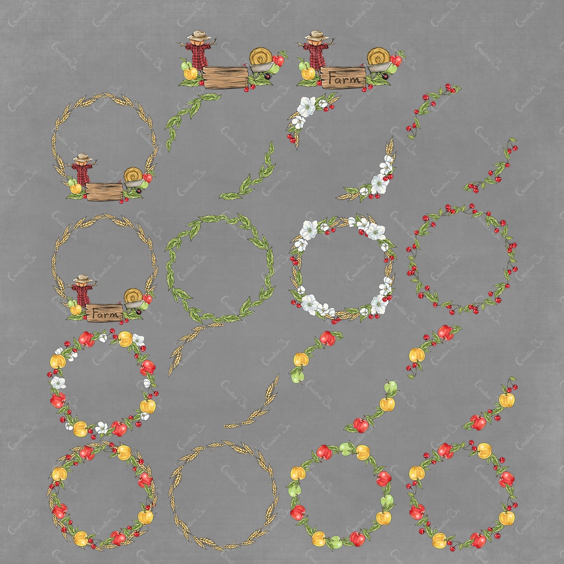 Farm Wreath Frame Border Clipart Fruit Wreath Floral Border - Etsy