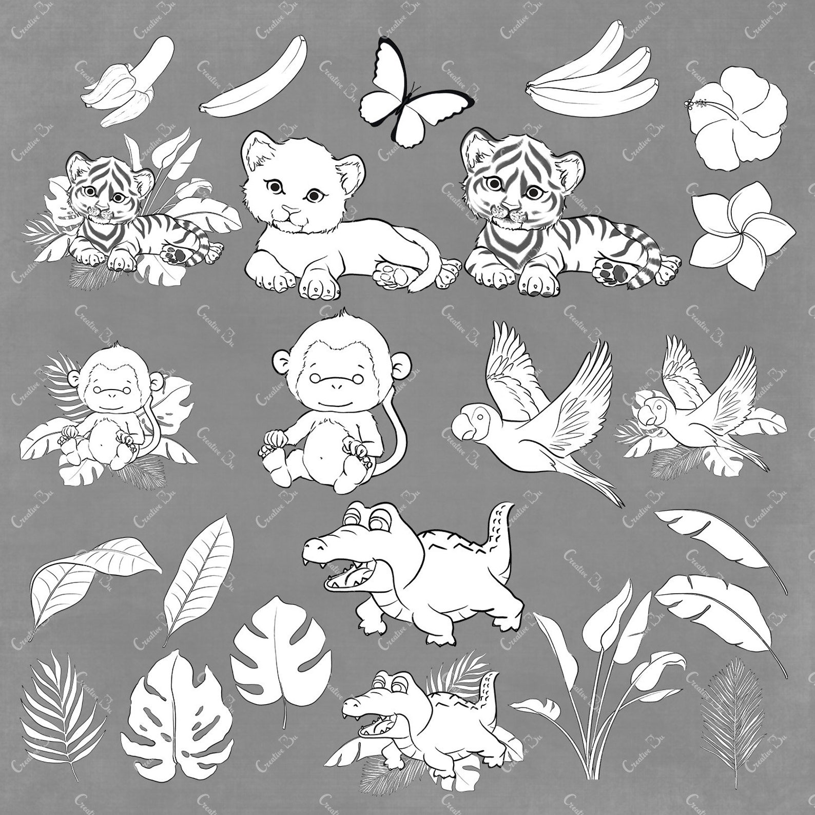 Jungle Rainforest Doodle Line Clipart Kids Printable Coloring - Etsy