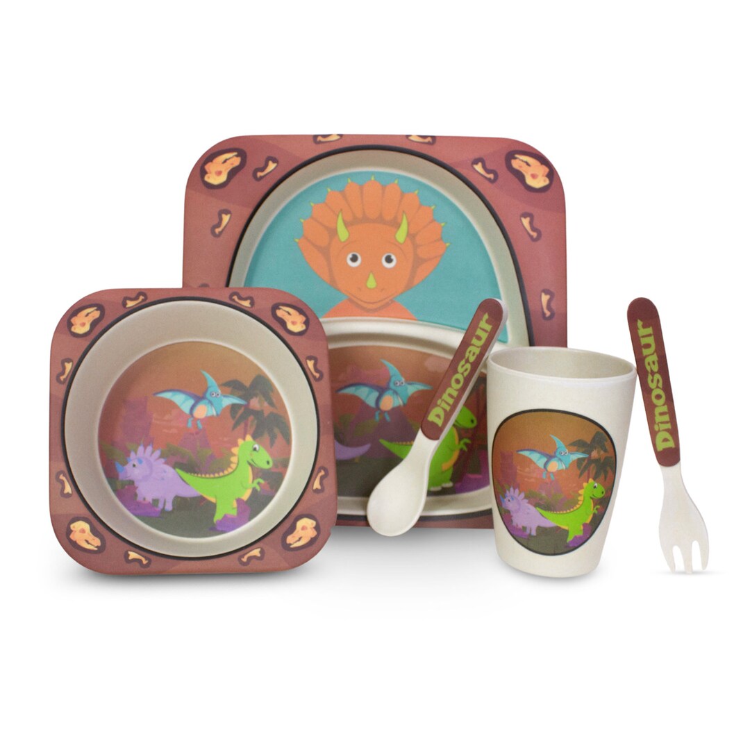 5 Piece Bamboo Children's Plate Set Dinosaur Eco Friendly Plate, Bowl ...