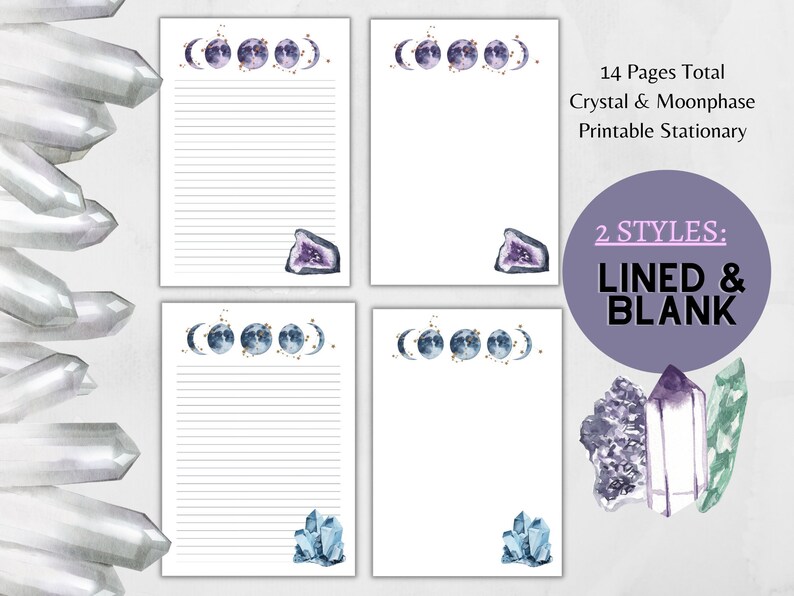 Printable Crystal Moonphase Themed Stationary, Writing Paper, Blank ...