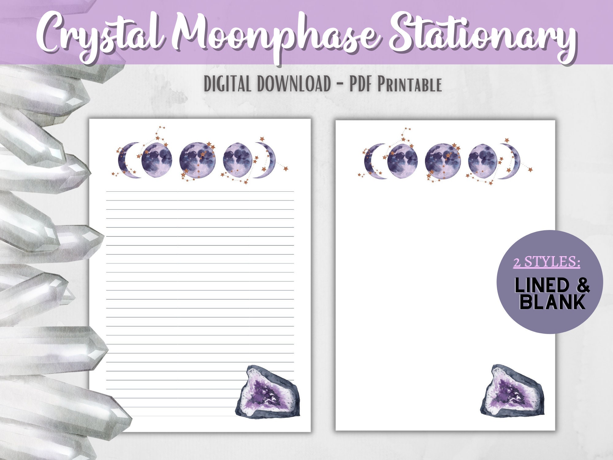 Printable Crystal Moonphase Themed Stationary, Writing Paper, Blank ...