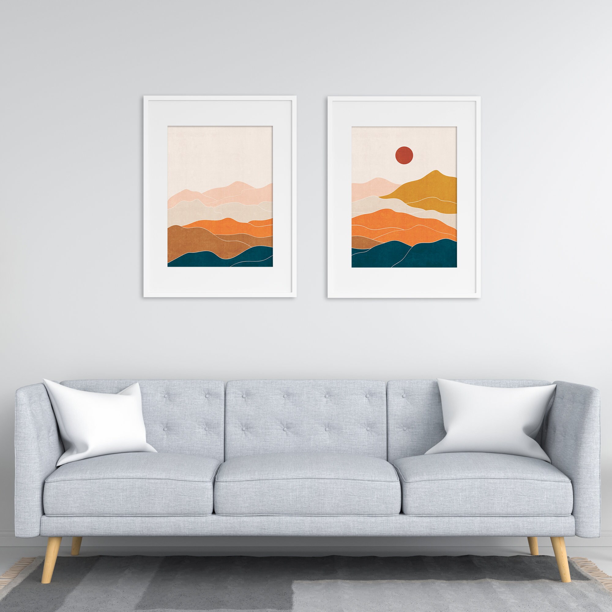 Sun and Mountain Wall Art Set of 2 Prints Mid Century Modern | Etsy