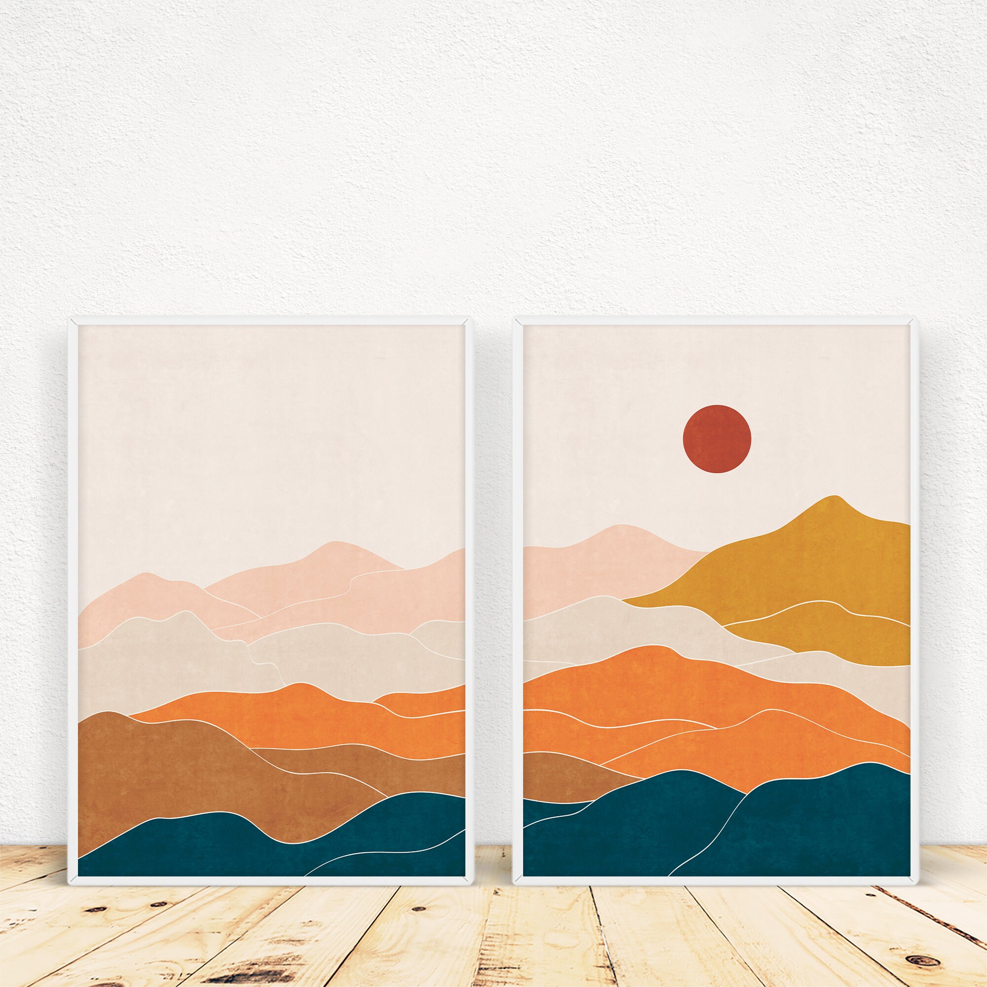 Sun and Mountain Wall Art Set of 2 Prints Mid Century Modern | Etsy