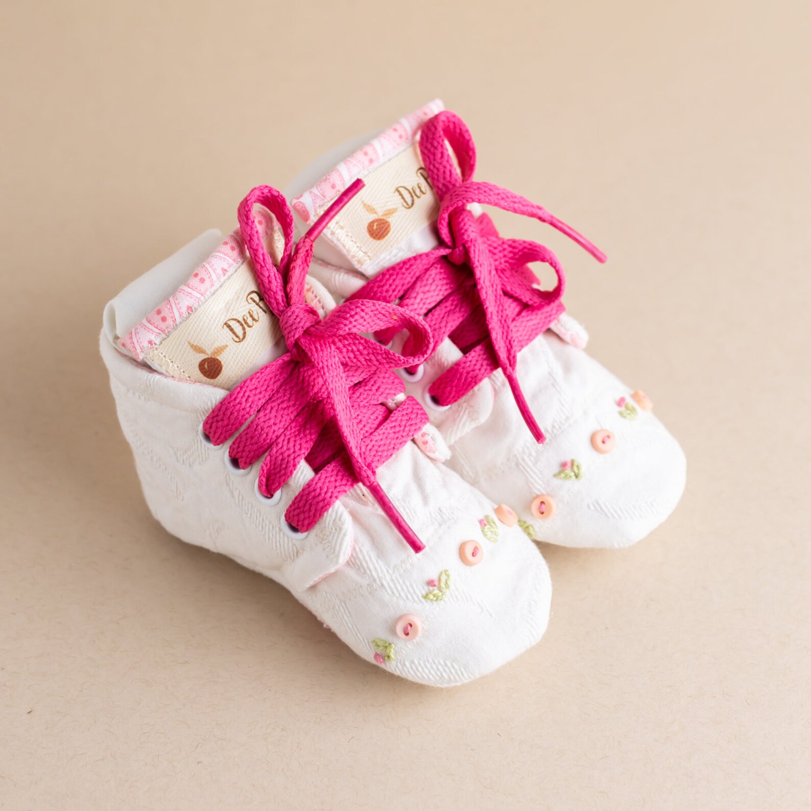 Handmade Quilted Baby Shoes: Embroidered Fabric, Hot Pink Laces - Etsy