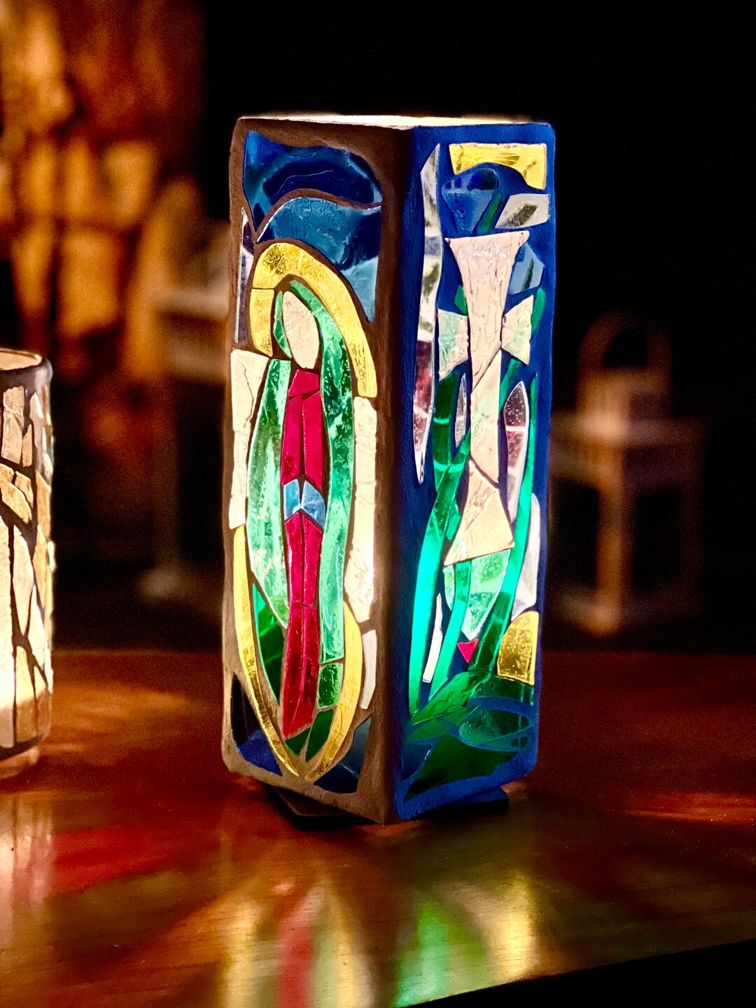 Candleholder, Candle, “trinity”, 12x4”, Green,red,blue,yellow,stained Glass, Handmade, Hand Cut ...