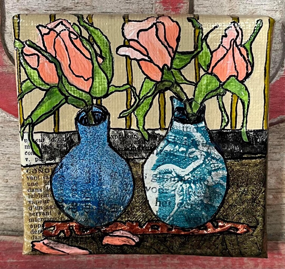 Painting Collage Blue Vases With Pastel Orange Roses - Etsy