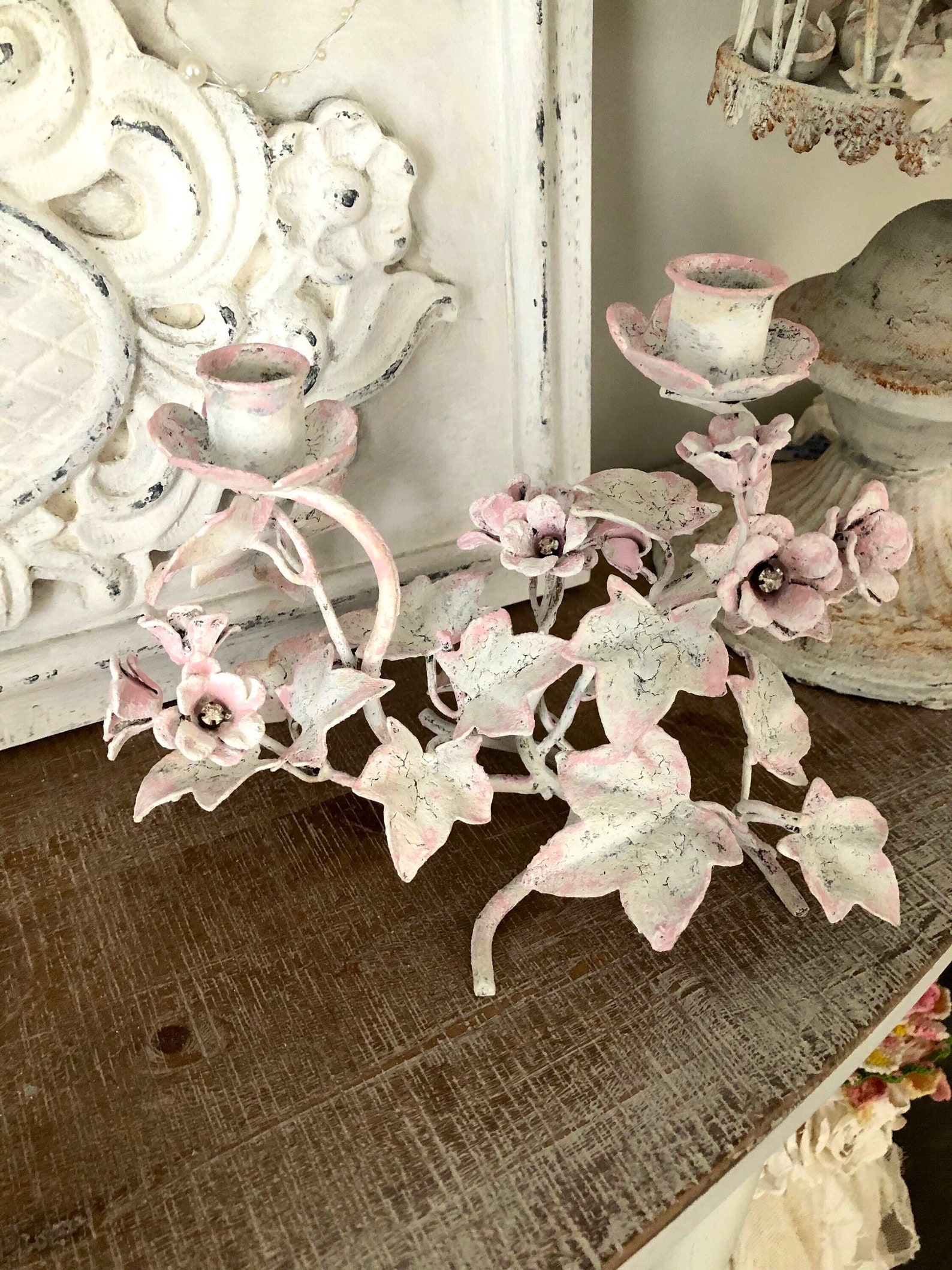 White and Pink Vintage Tole Candleholder/ Shabby Cottage Chic - Etsy