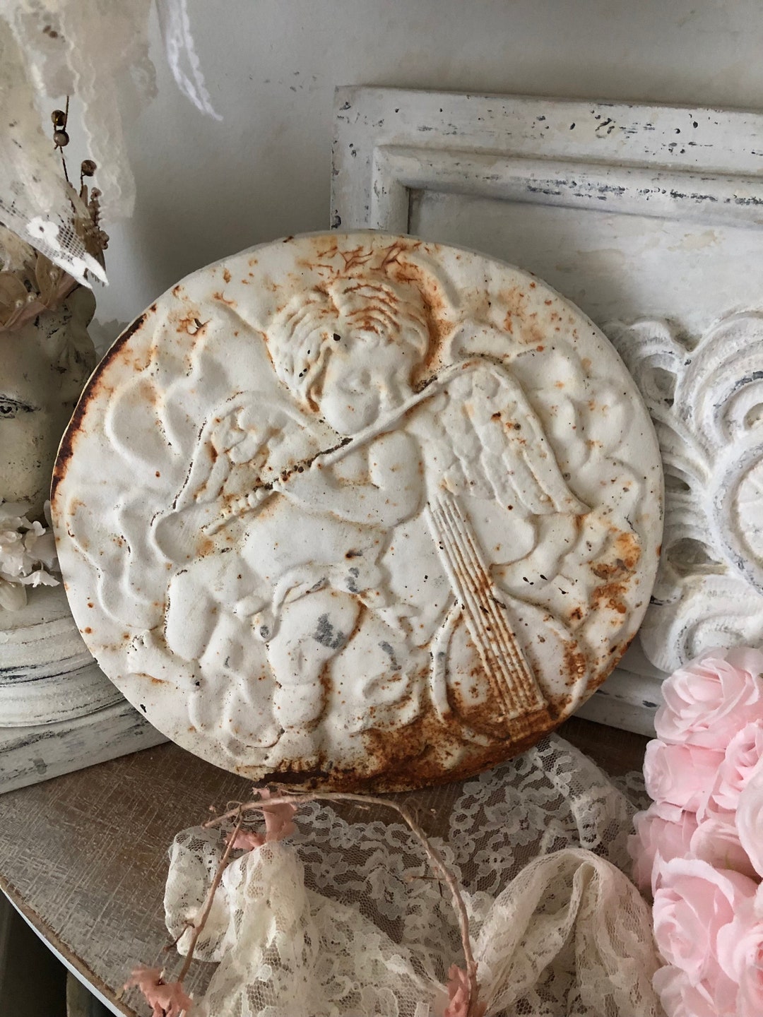 Antique Cast Iron White Distressed Cherub Stove Pipe Cover/trivet ...