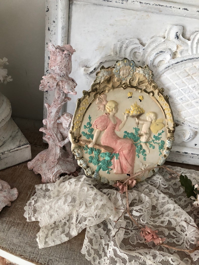 Vintage 1970s Pink Lady Angel Cherub Plaque/pottery/shabby Chic Cottage ...