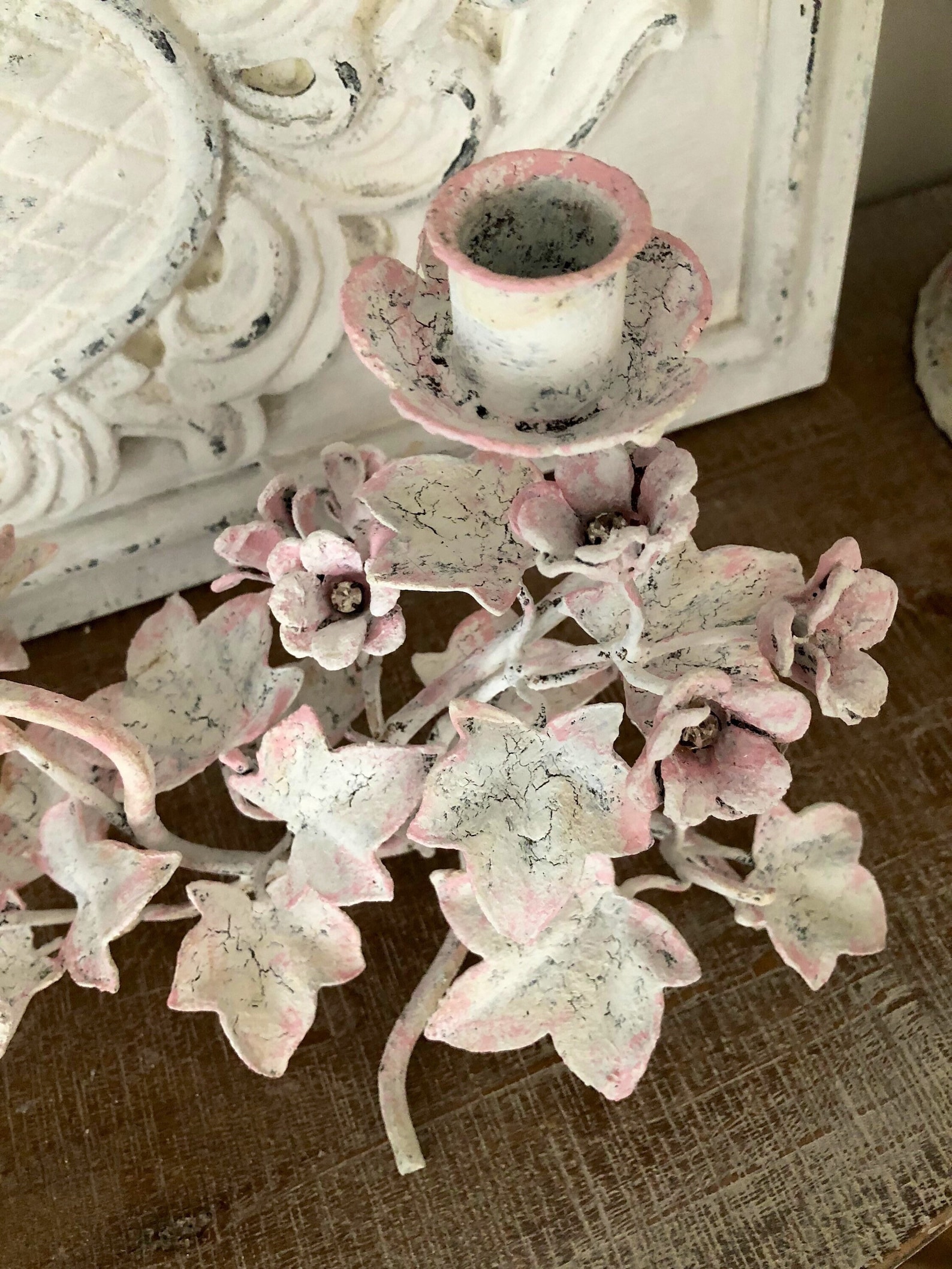 White and Pink Vintage Tole Candleholder/ Shabby Cottage Chic - Etsy