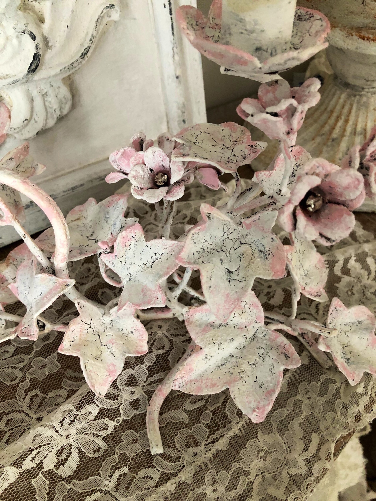 White and Pink Vintage Tole Candleholder/ Shabby Cottage Chic - Etsy