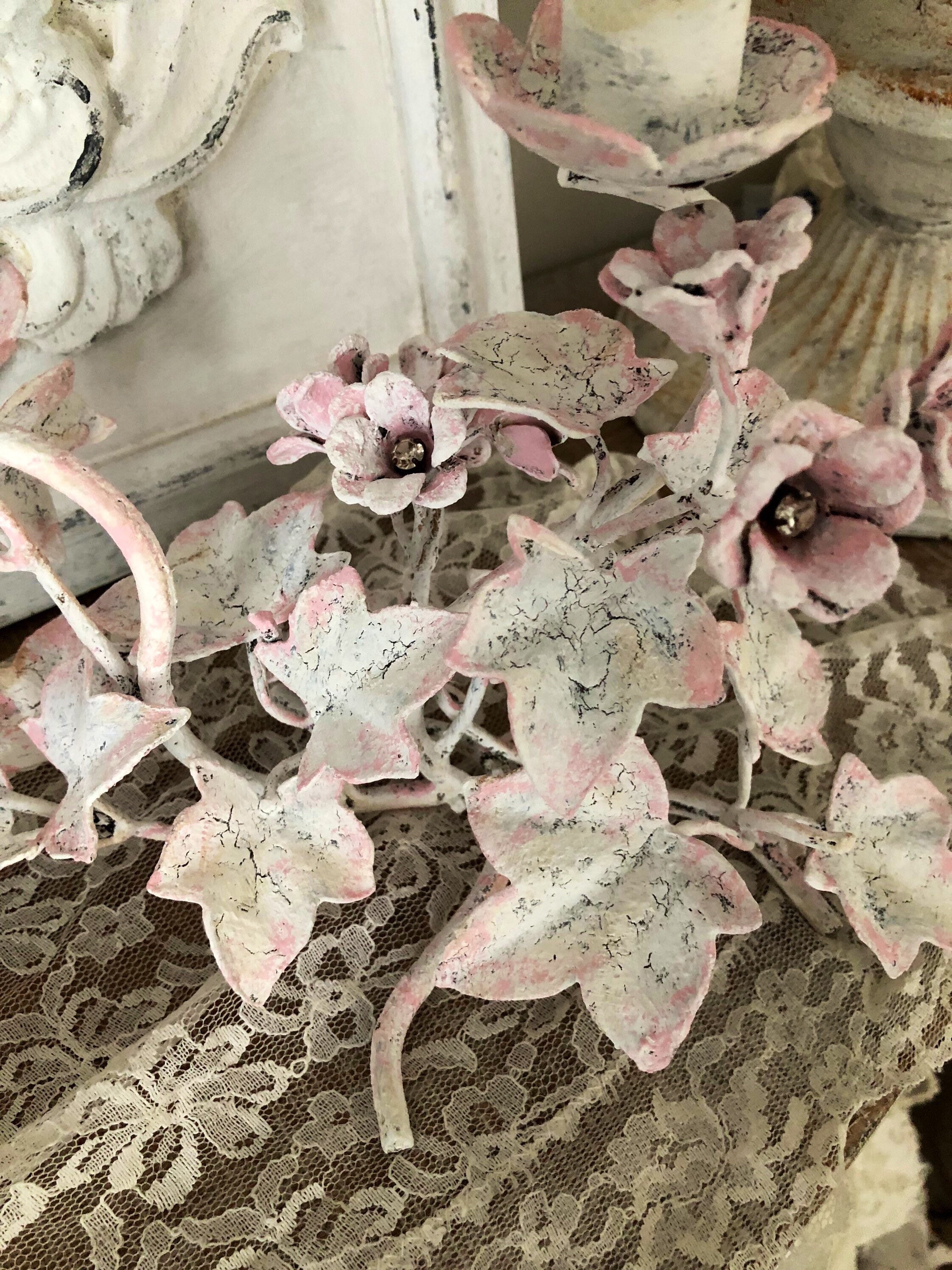 White and Pink Vintage Tole Candleholder/ Shabby Cottage Chic - Etsy