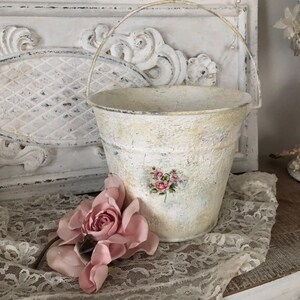 Small White Distressed Metal Bucket/decoupage Flowers/shabby Chic ...