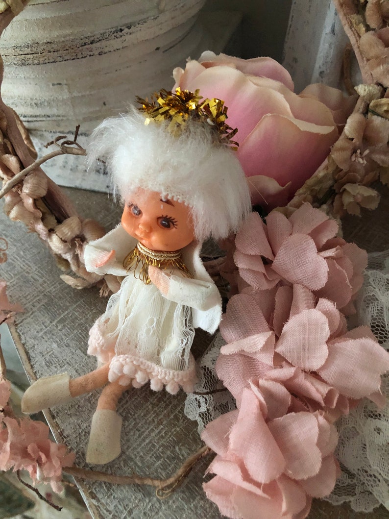 Vintage Pixie Angel Decor/ Gold Tinsel Halo/ Tulle Wings/ Shabby Chic ...