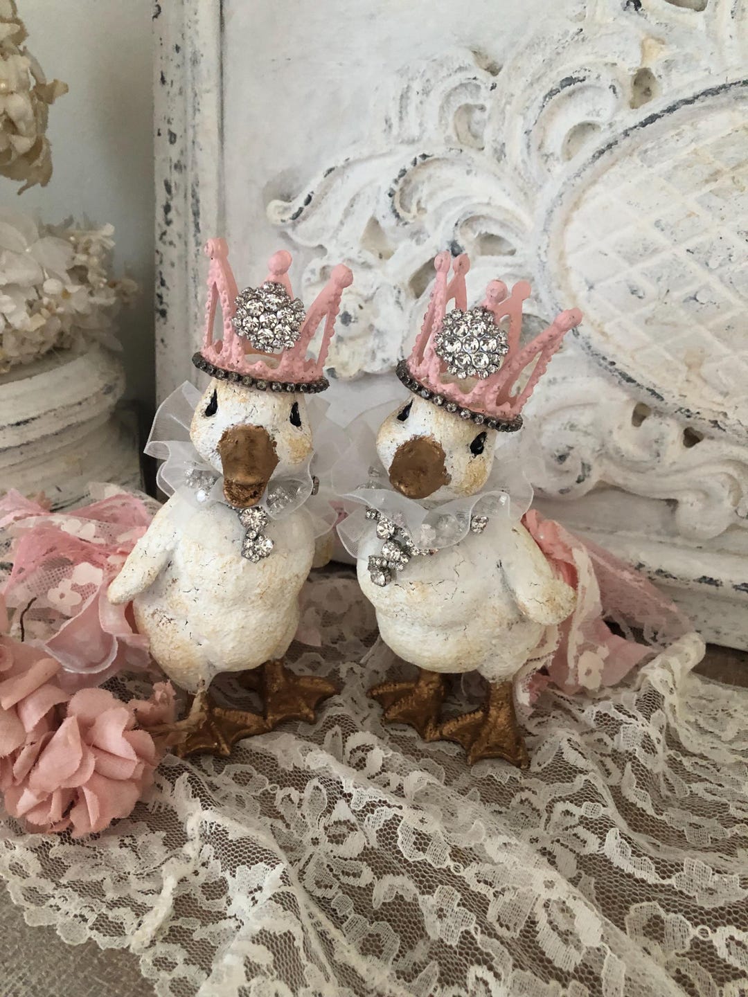 Two Small White Distressed Duck Statues/pink Crown/rhinestone Necklace ...