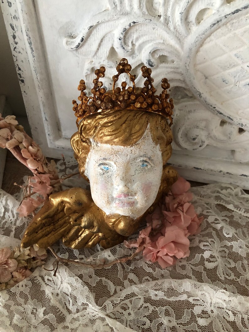 Small Cherub Angel Head Statue Wall Decor/ Distressed Tiara/ Shabby ...