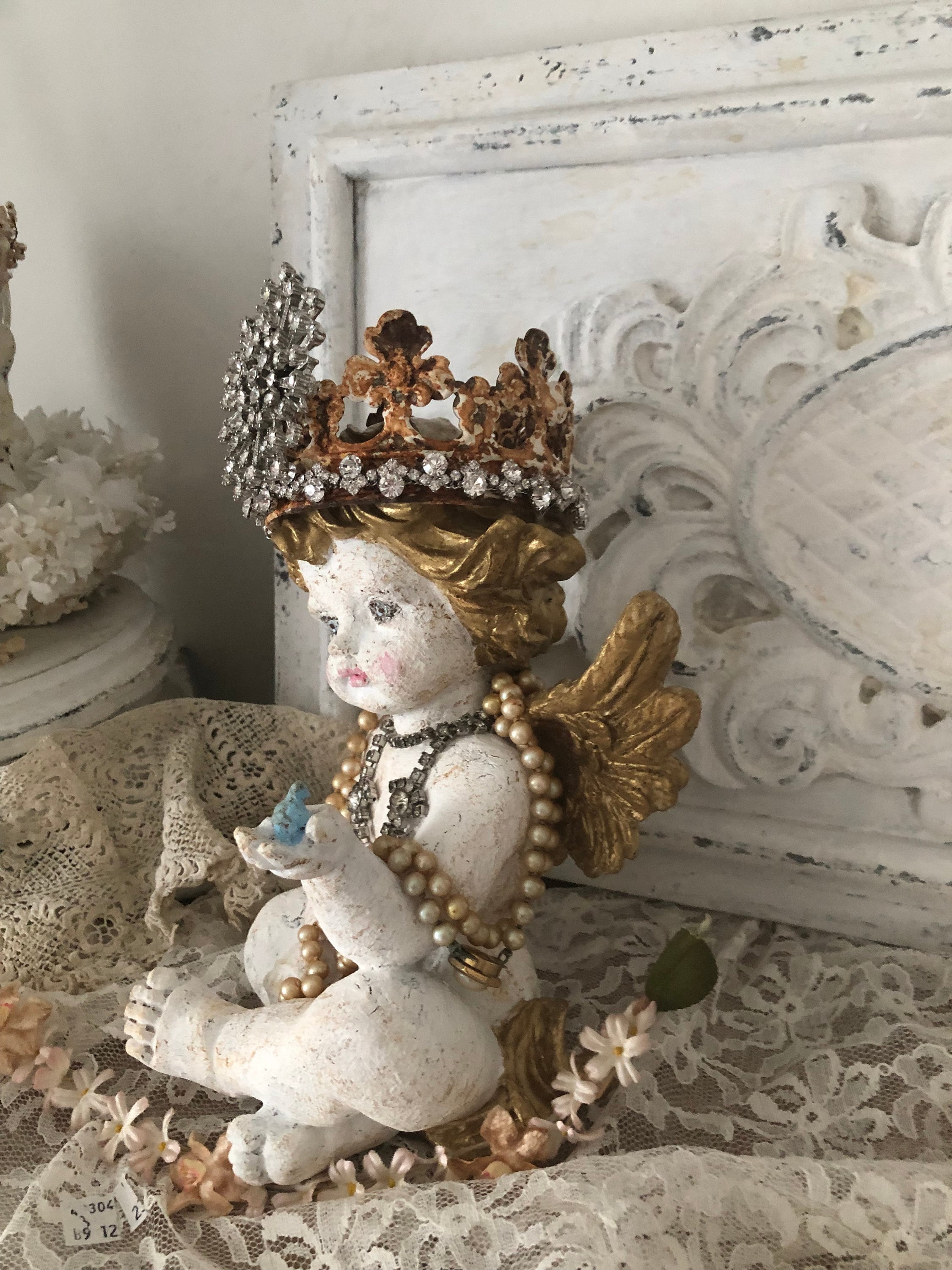 Small Angel Cherub Statue With Crown/vintage Rhinestone/ Vintage Pearls ...