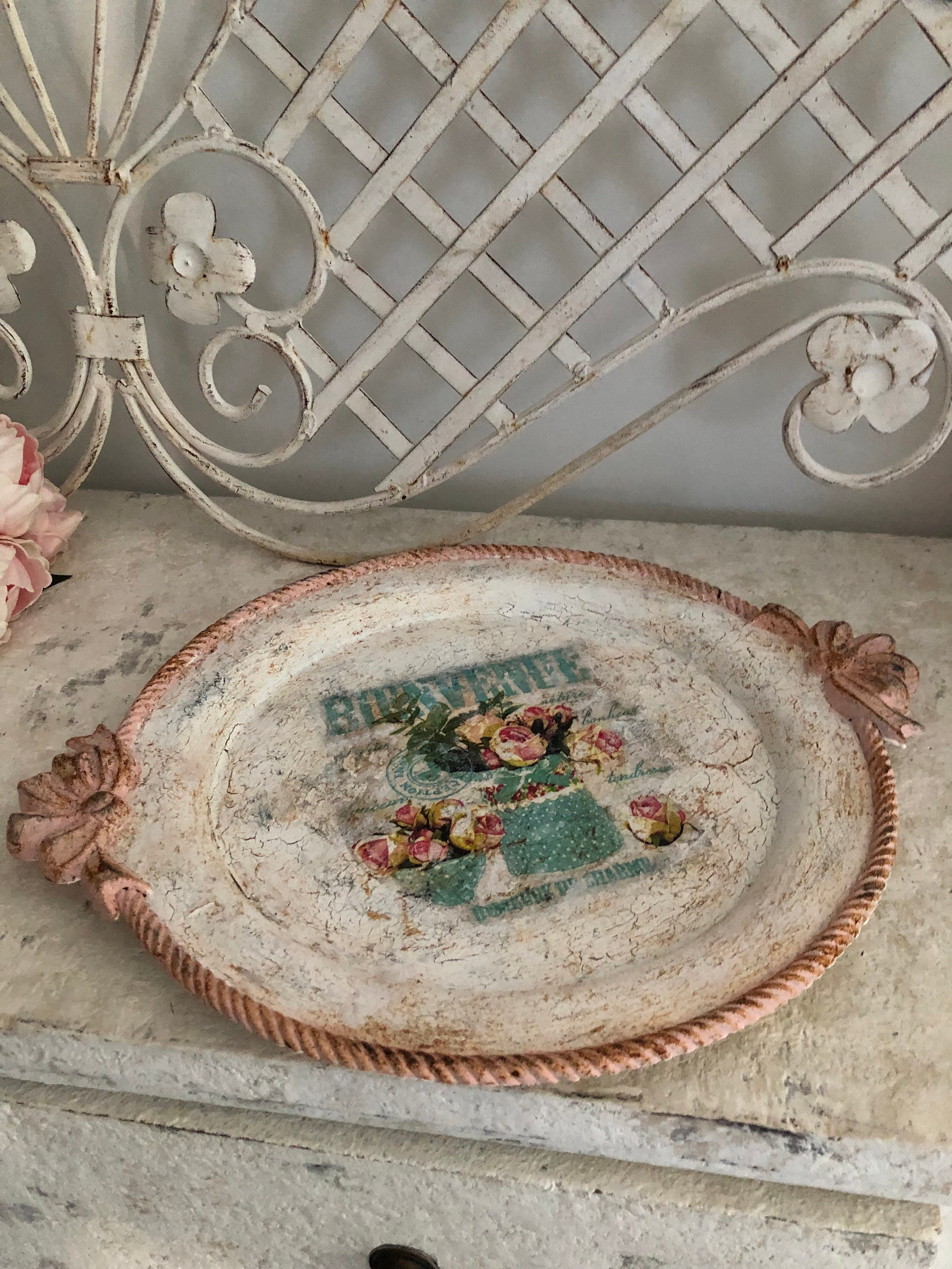 Decorative Metal Large Tray With Bows/decoupage Flowers/shabby Chic - Etsy