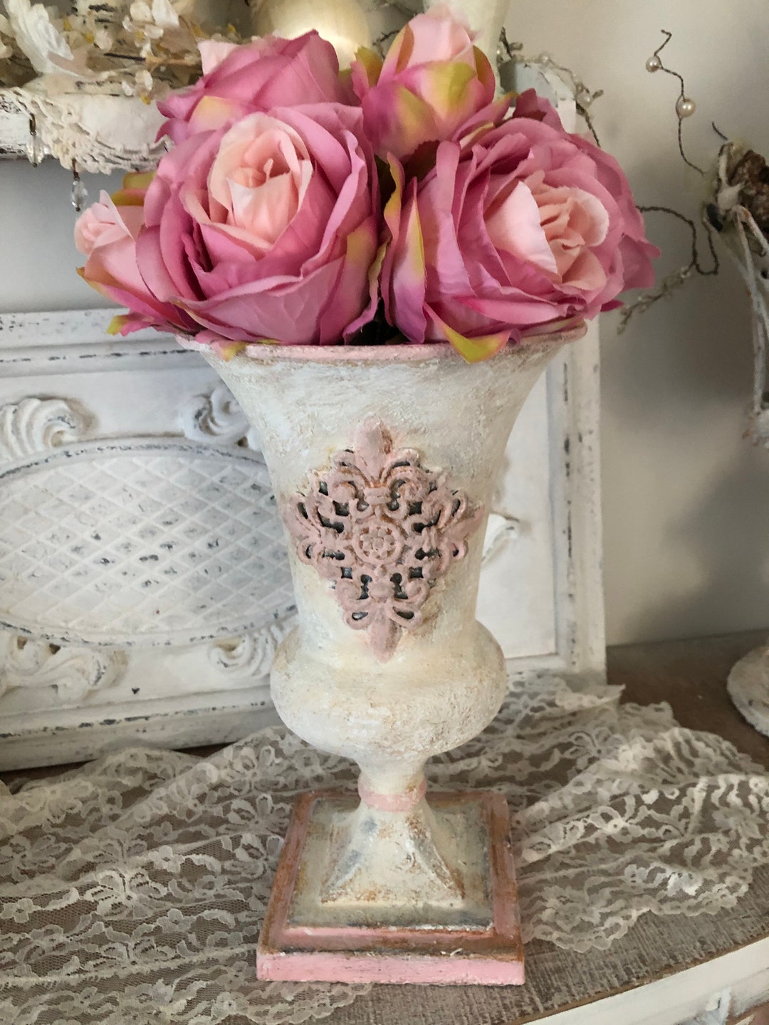 Tall White and Pink Distressed Metal Vase - Etsy