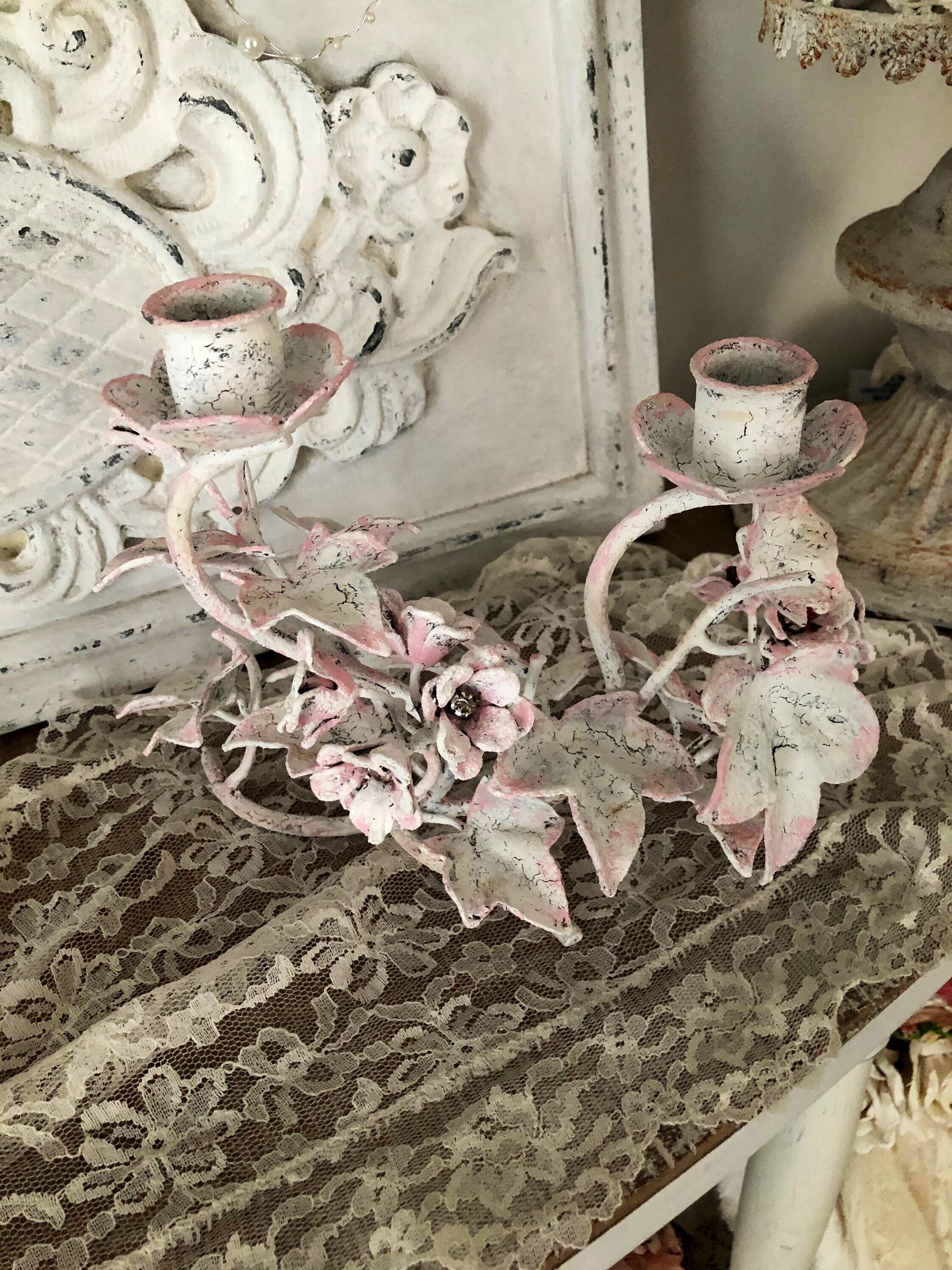 White and Pink Vintage Tole Candleholder/ Shabby Cottage Chic - Etsy