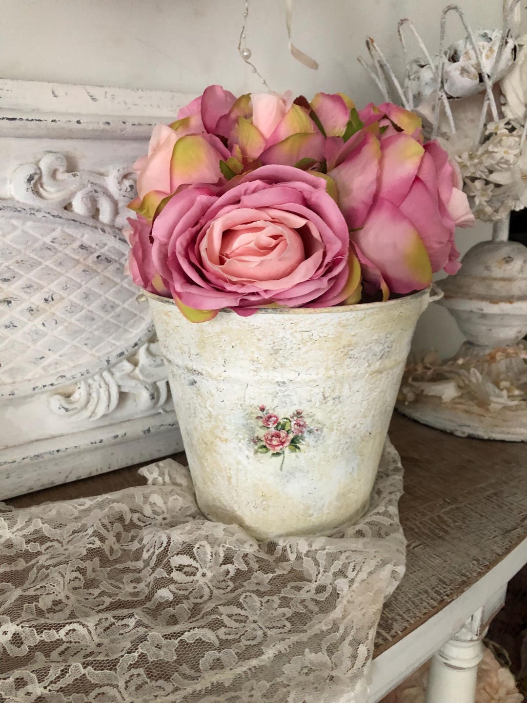 Small White Distressed Metal Bucket/decoupage Flowers/shabby Chic ...