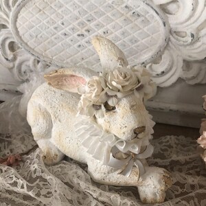 White Distressed Rabbit Statue/white Paper Flowers/vintage White Bow ...