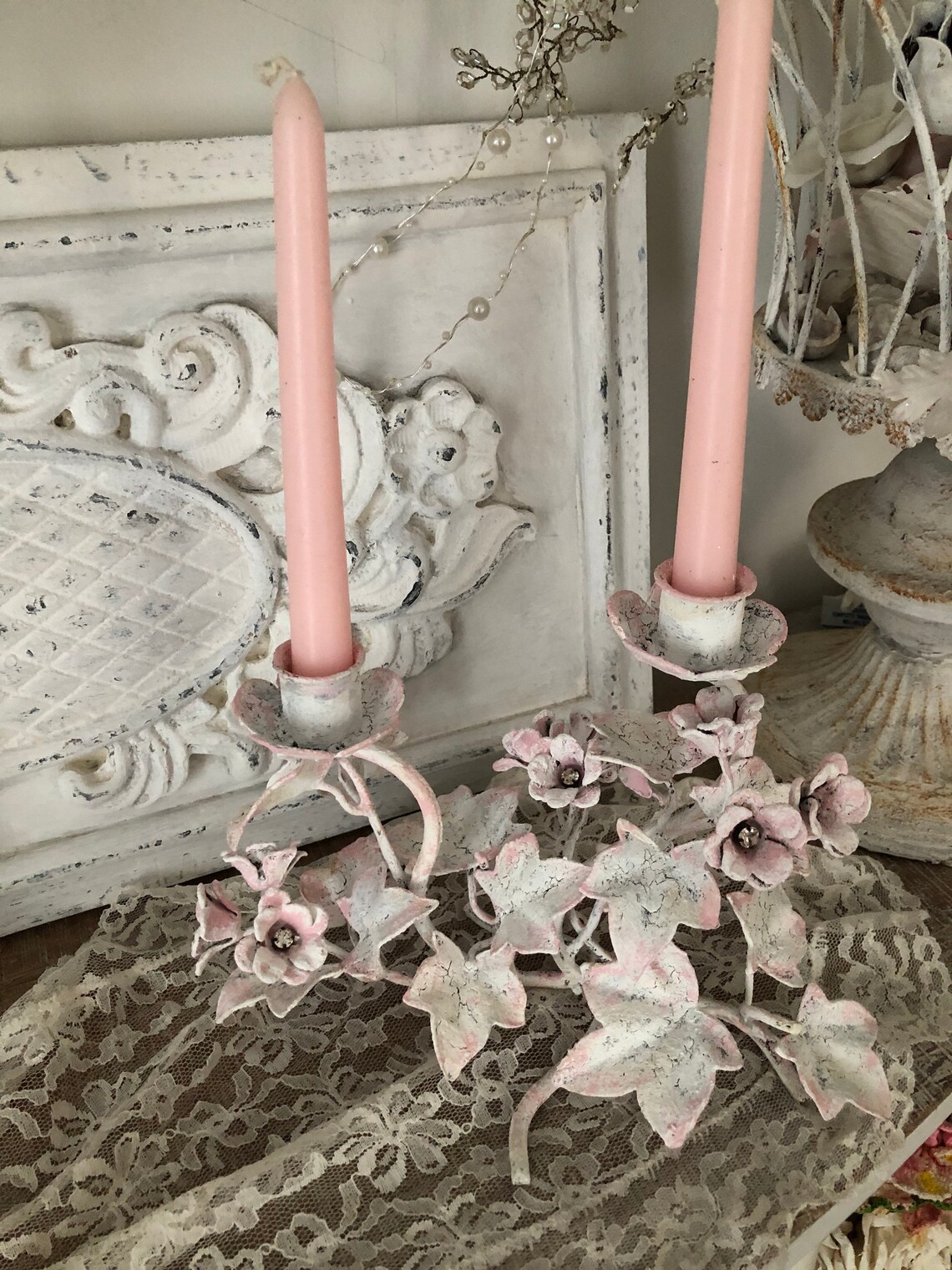 White and Pink Vintage Tole Candleholder/ Shabby Cottage Chic - Etsy
