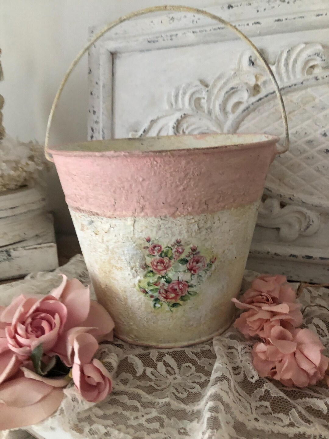 Small White Distressed Metal Bucket/decoupage Flowers/shabby Chic ...