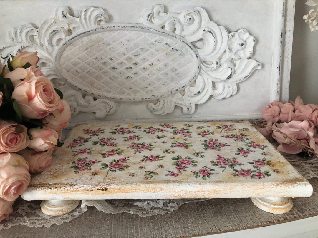 Vintage White Distressed Wooden Riser/decoupage Pink Flowers/shabby ...