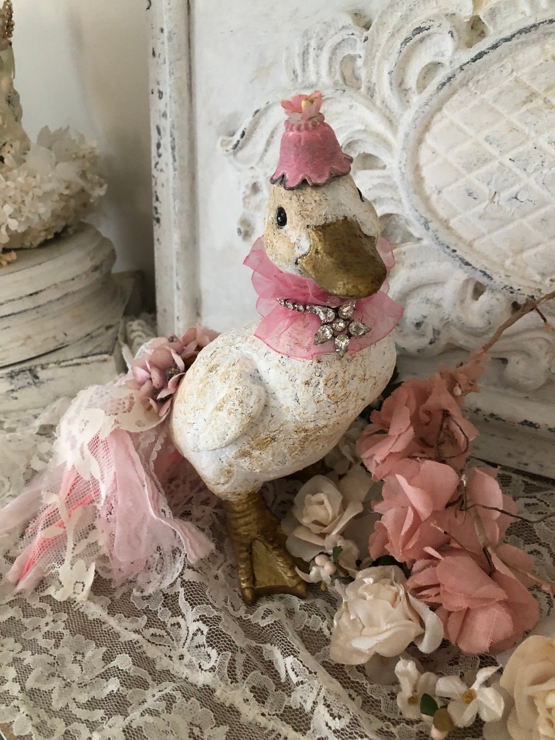 Small White Distressed Duck With Pink Crown Statue/vintage Rhinestone ...
