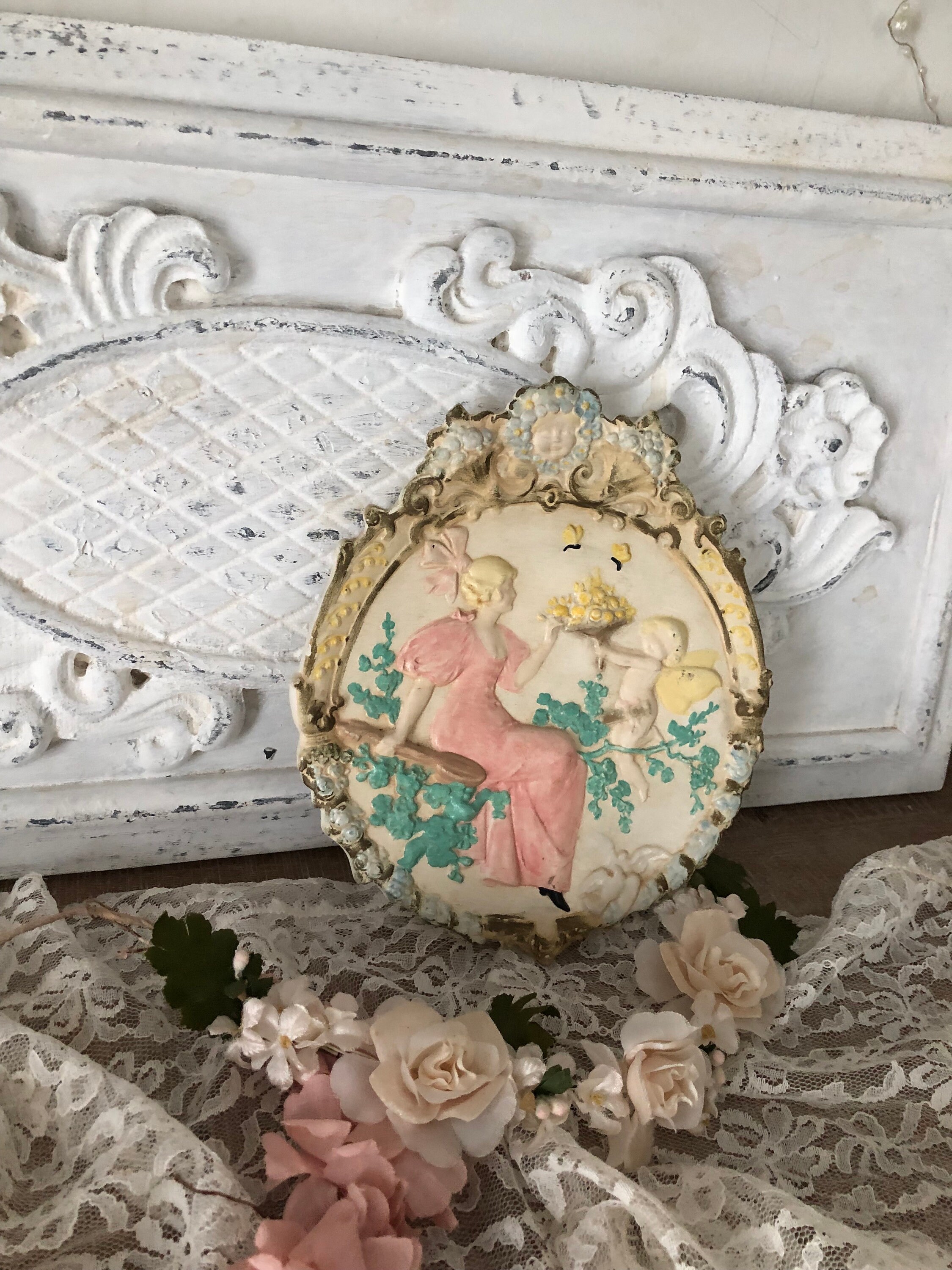 Vintage 1970s Pink Lady Angel Cherub Plaque/pottery/shabby Chic Cottage ...