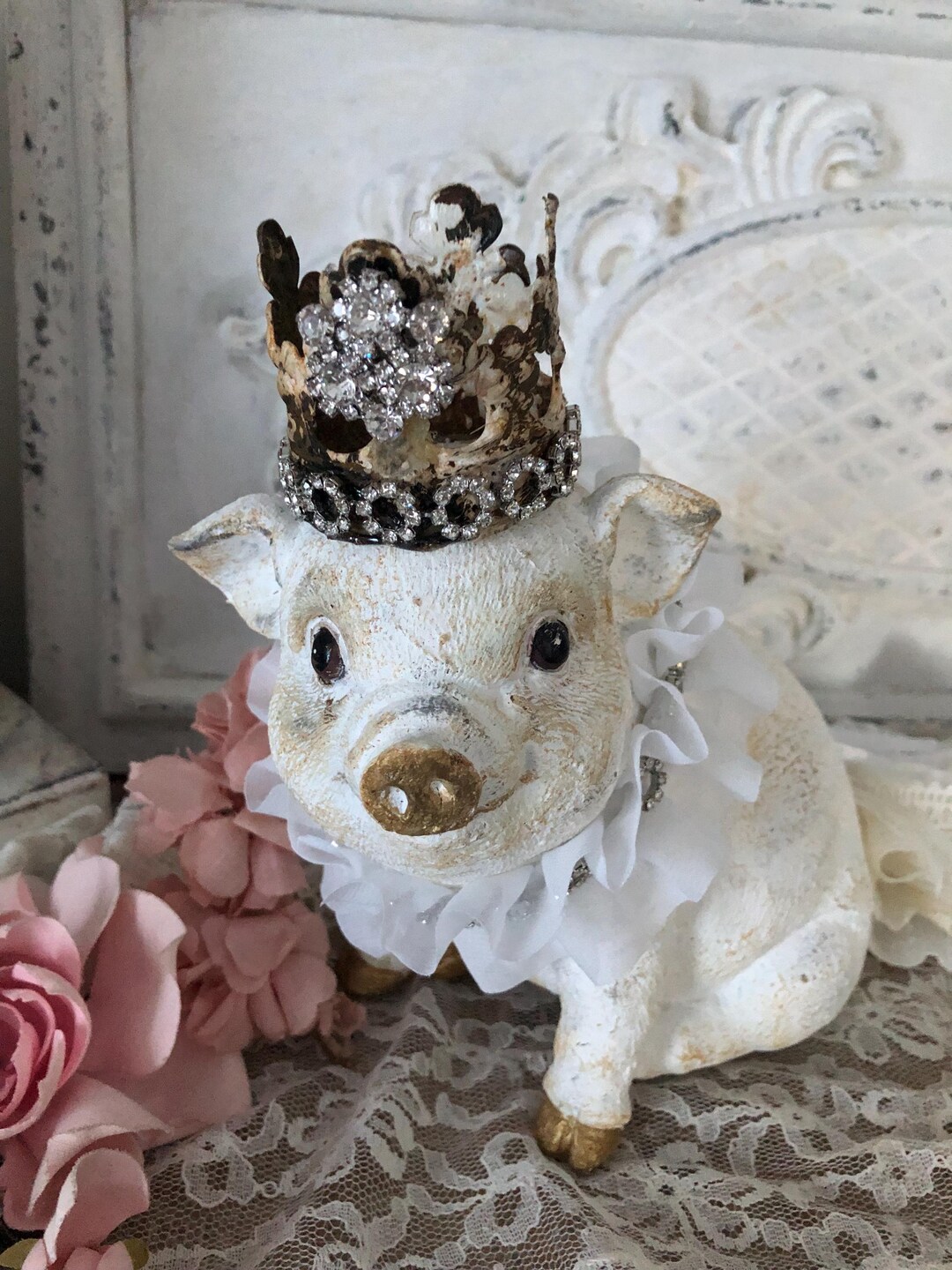White Distressed Small Pig Statue/metal Crown/rhinestone Necklace/white ...