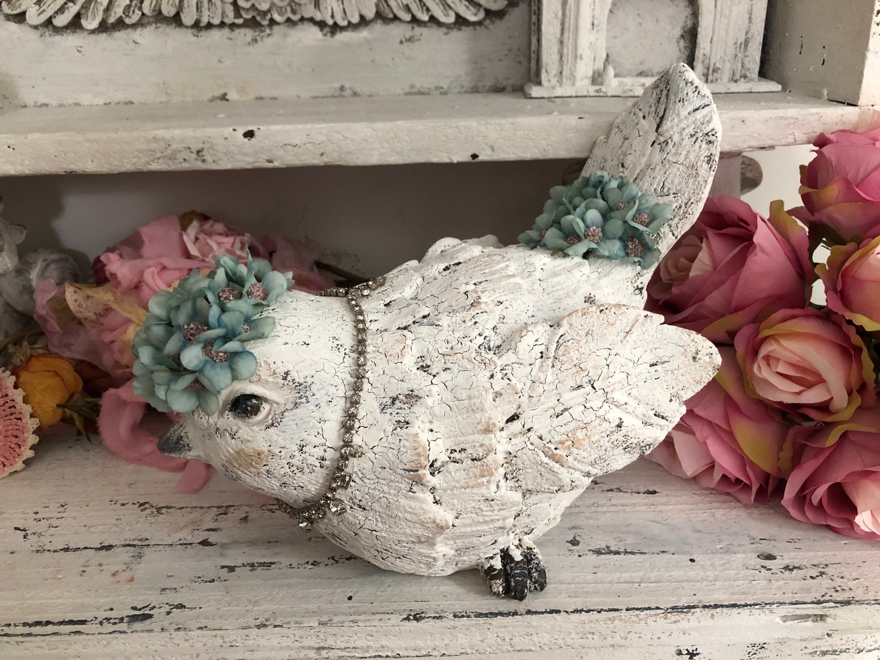 Large Bird Statue With Blue Flowers/vintage Rhinestone - Etsy