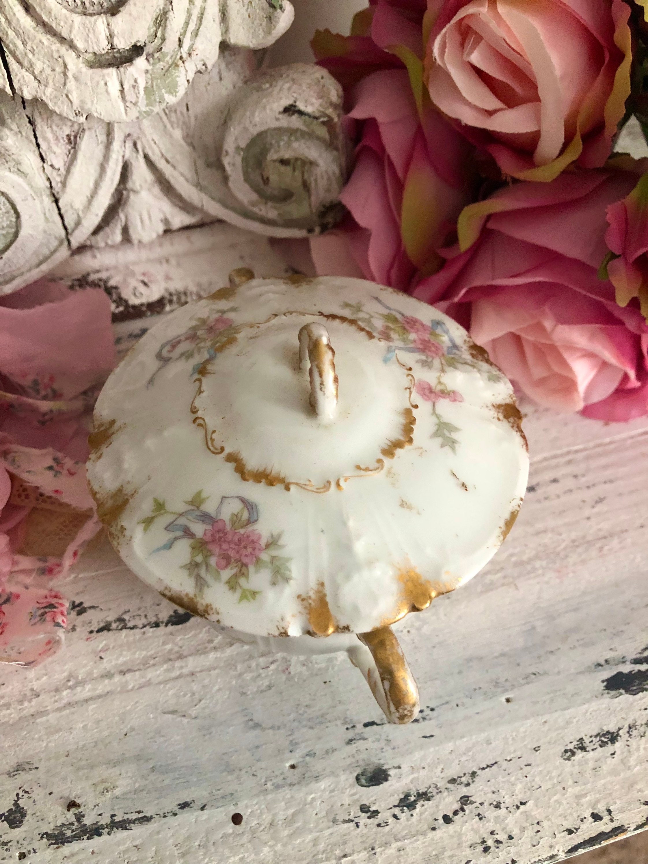 Antique Limoges Pink Flower Blue Ribbon Sugar Bowl From France - Etsy