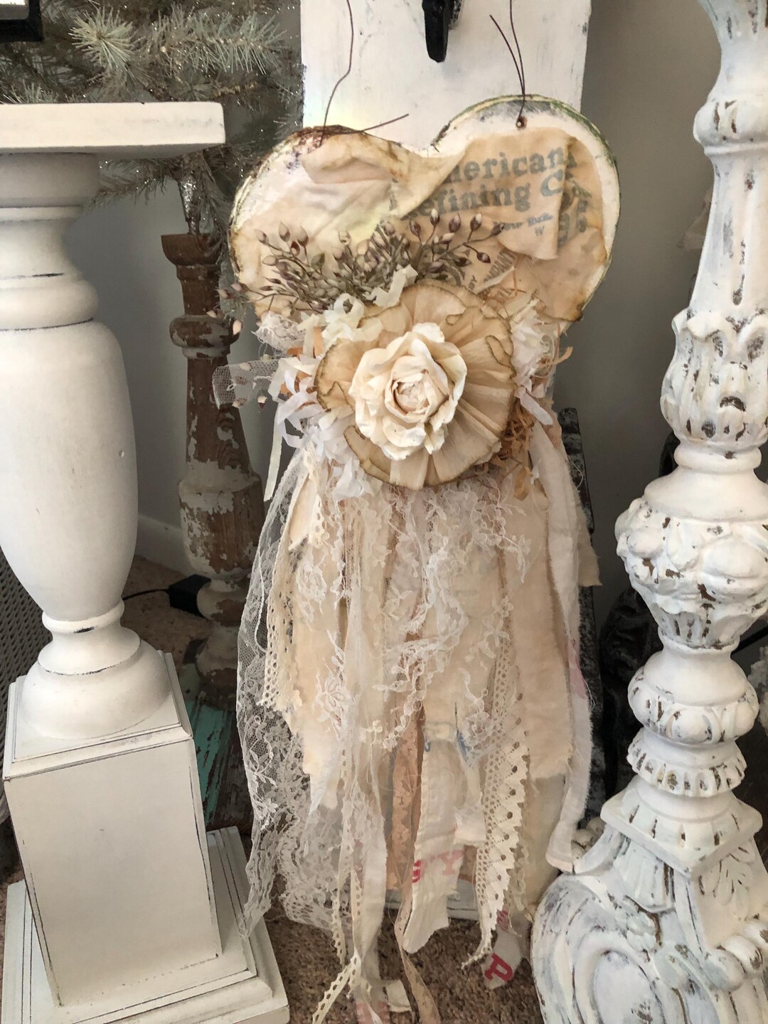Embellished Tattered Heart Wall Decor/paper Rose/lace and Fabric ...