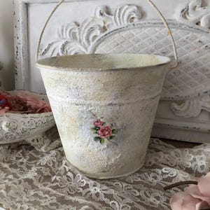 Small White Distressed Metal Bucket/decoupage Flowers/shabby Chic ...