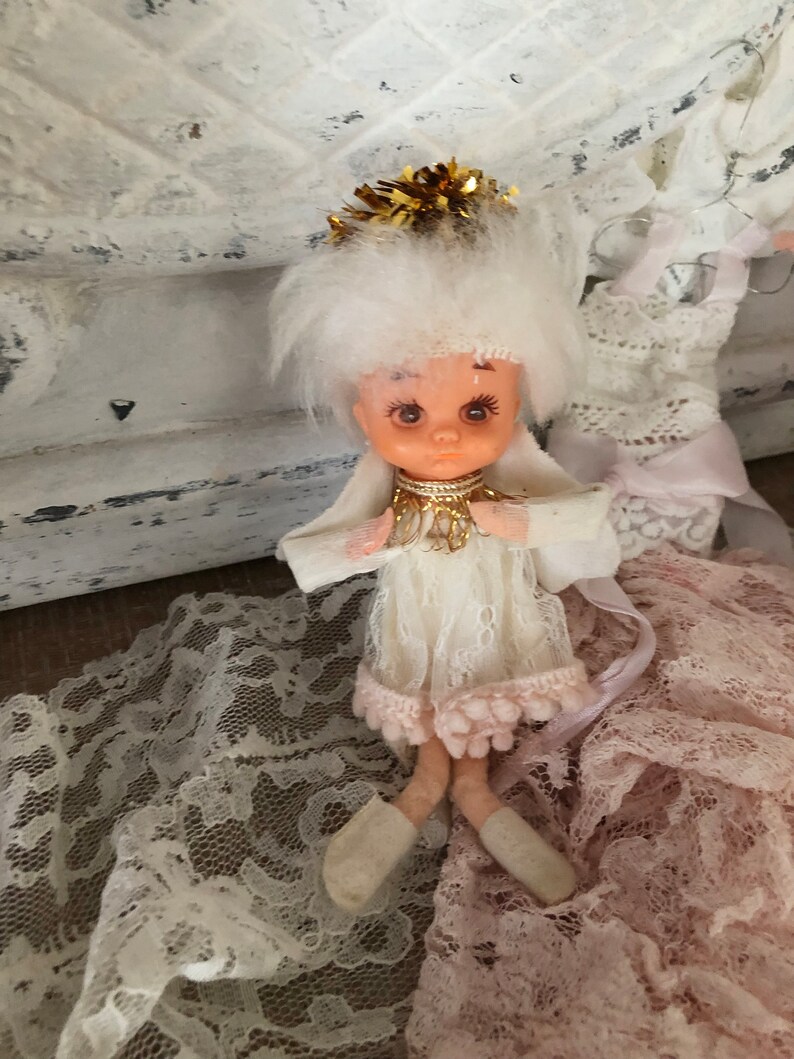 Vintage Pixie Angel Decor/ Gold Tinsel Halo/ Tulle Wings/ Shabby Chic ...